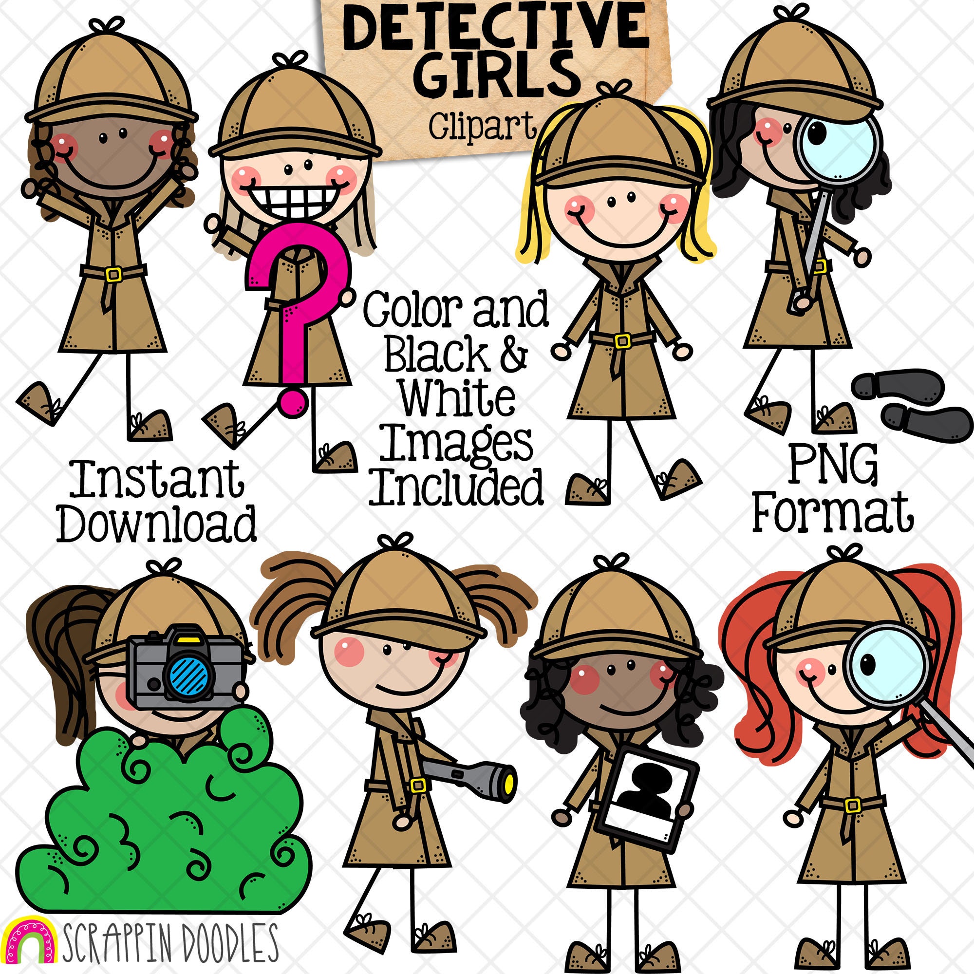 Detective Clip Art Doodle Girls Detectives Spy Graphics Private ...