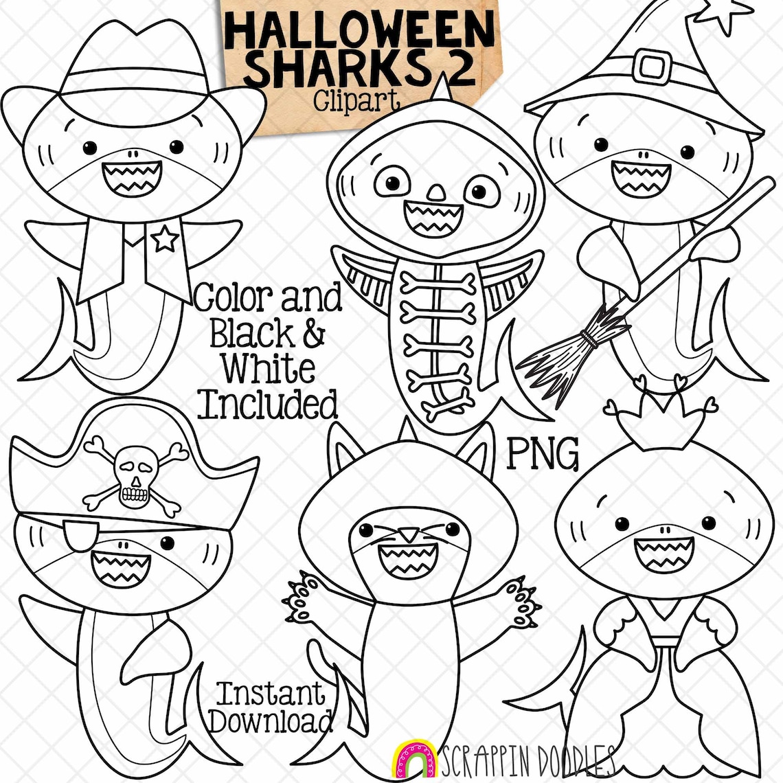 Halloween Sharks 2 Clip Art - Grey Shark Clipart - Baby Shark - Cowboy ...