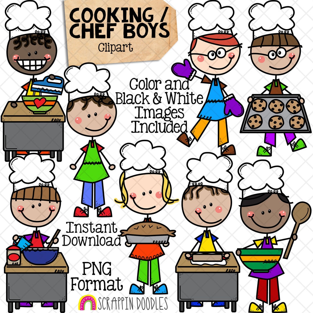 Cooking Clip Art - Doodle Boys in Chef Hats - Baking - Mixing - Rolling ...