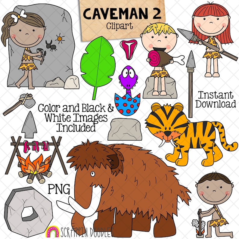 Caveman Clipart Prehistoric Cave Paintings Woolly Mammoth Saber Toothed ...