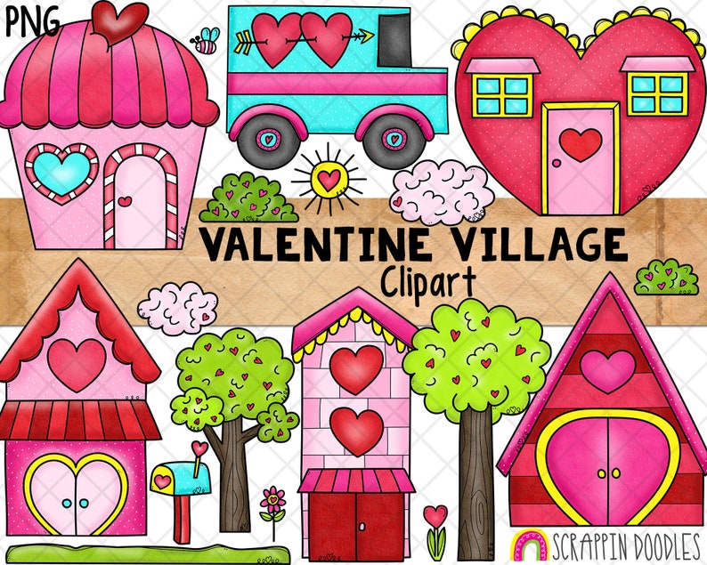 Valentine's Day Village Clip Art - Valentine Town Houses - Heart Trees ...