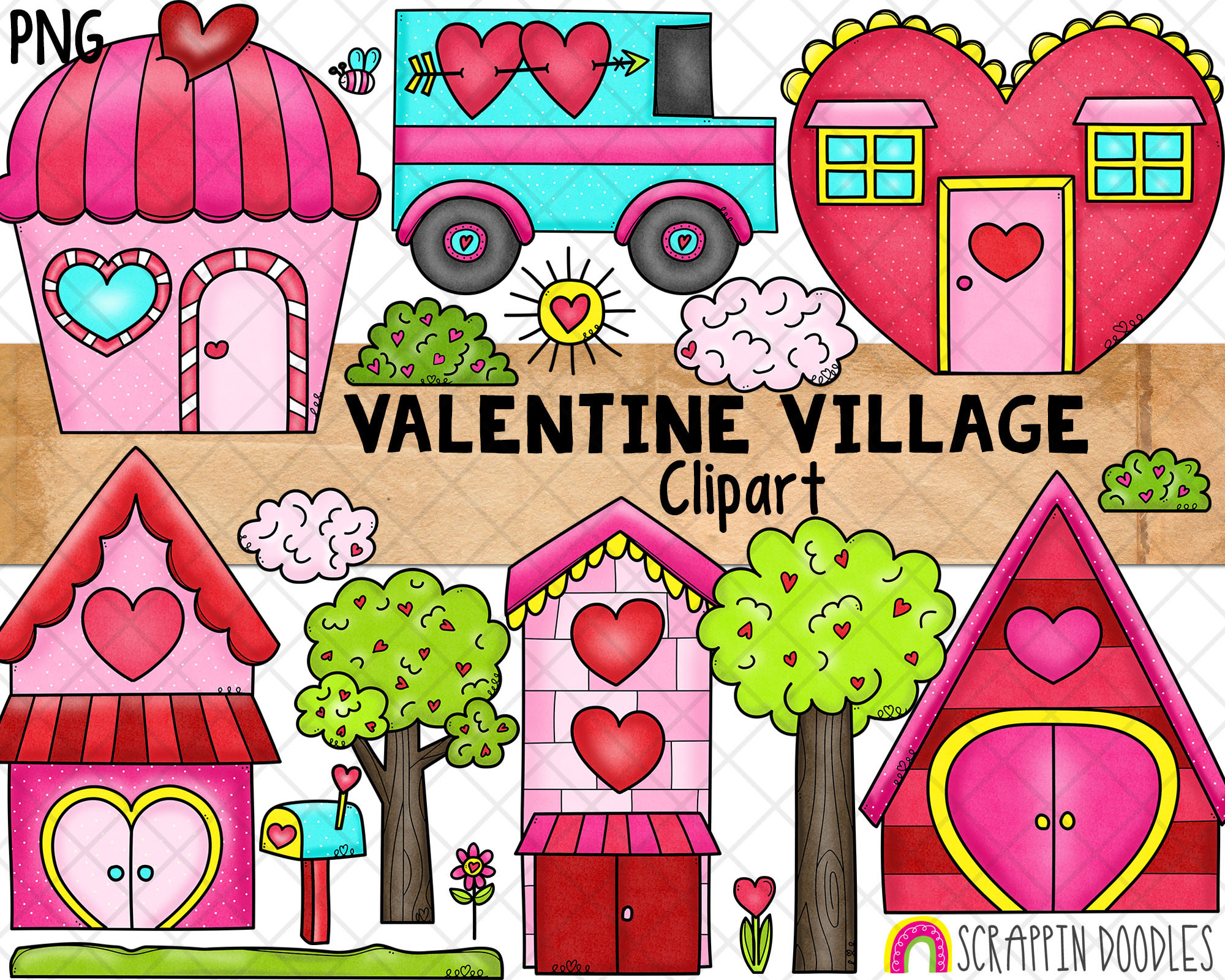 Valentine's Day Village Clip Art Valentine Town Houses Heart Trees ...