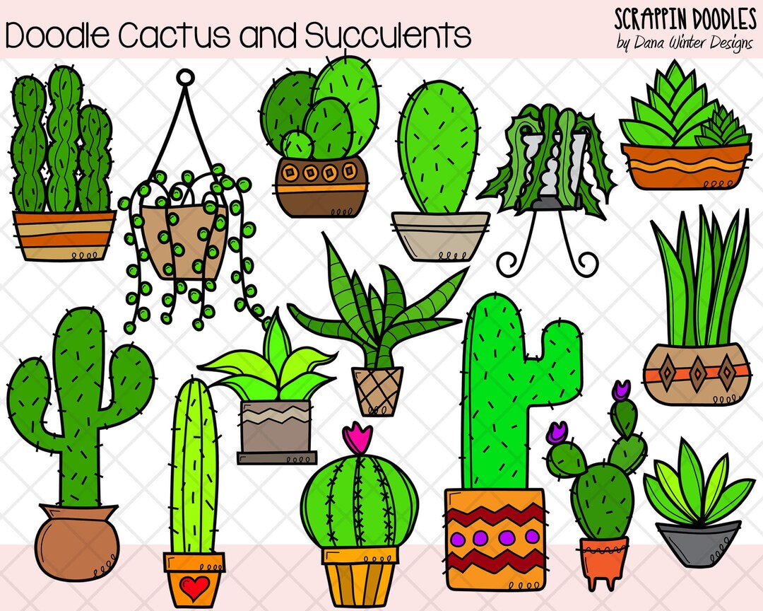 Doodle Cactus and Succulents - Cute Commercial Use Clipart - Hand ...