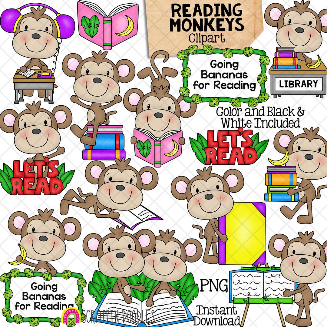 Monkey Clip Art - Monkeys Reading Books - Jungle Animals - School ...