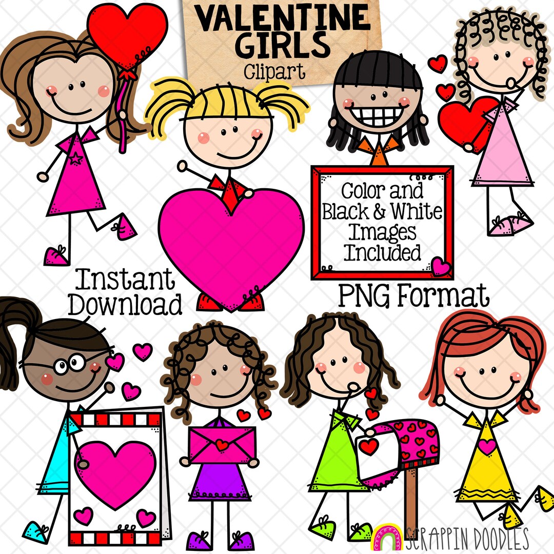 Doodle Girl Valentine Clip Art - Cute Commercial Use Valentine Clipart ...