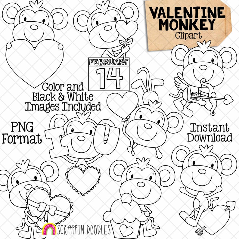 Valentine Monkey Clip Art Jungle Animals Monkeys With Valentines Commercial Use PNG Sublimation ...