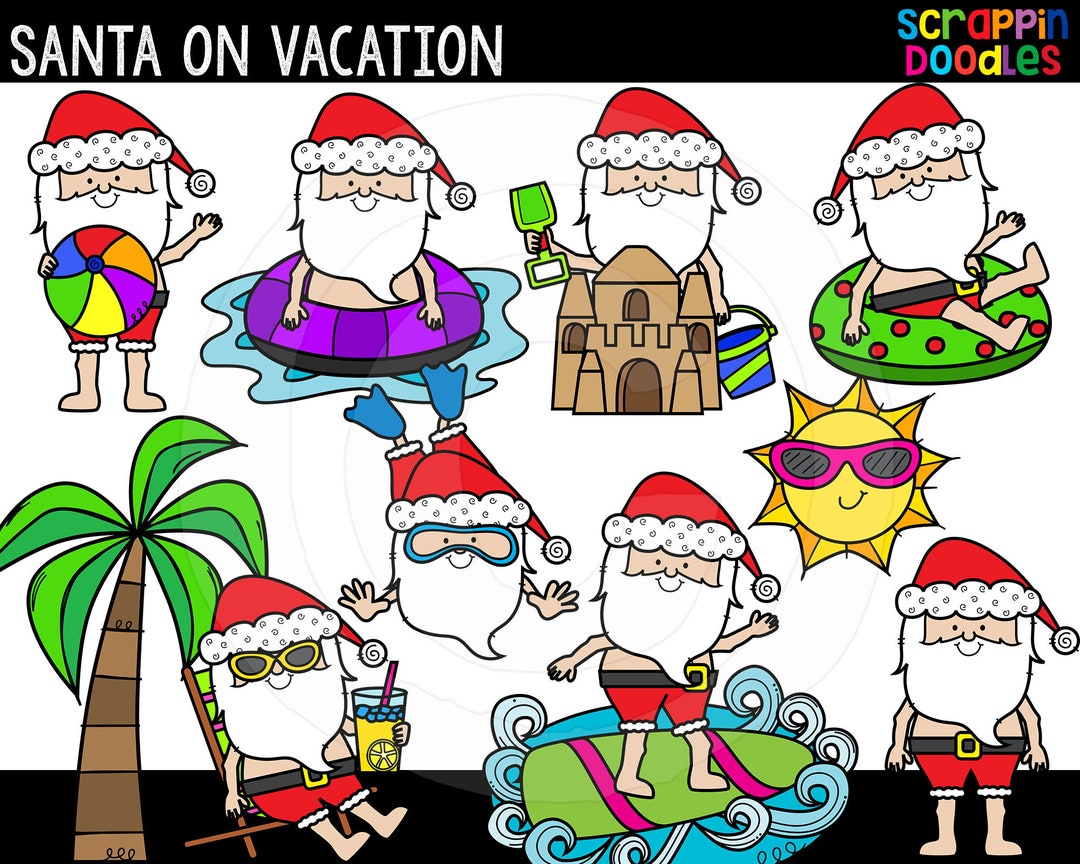 Santa on Vacation Clip Art - Cute Commercial Use Santa Claus Clipart ...