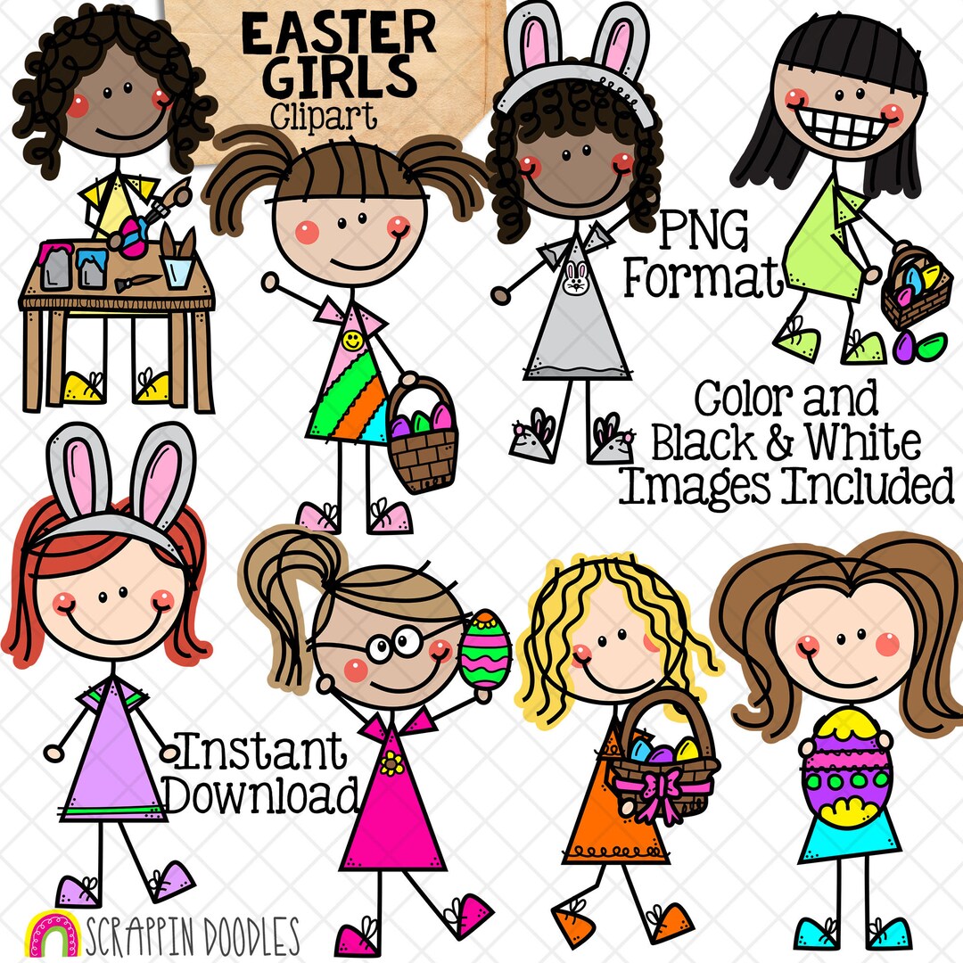 Easter Girls Clipart - Doodle Girls Easter Clip Art - Egg Hunt ...