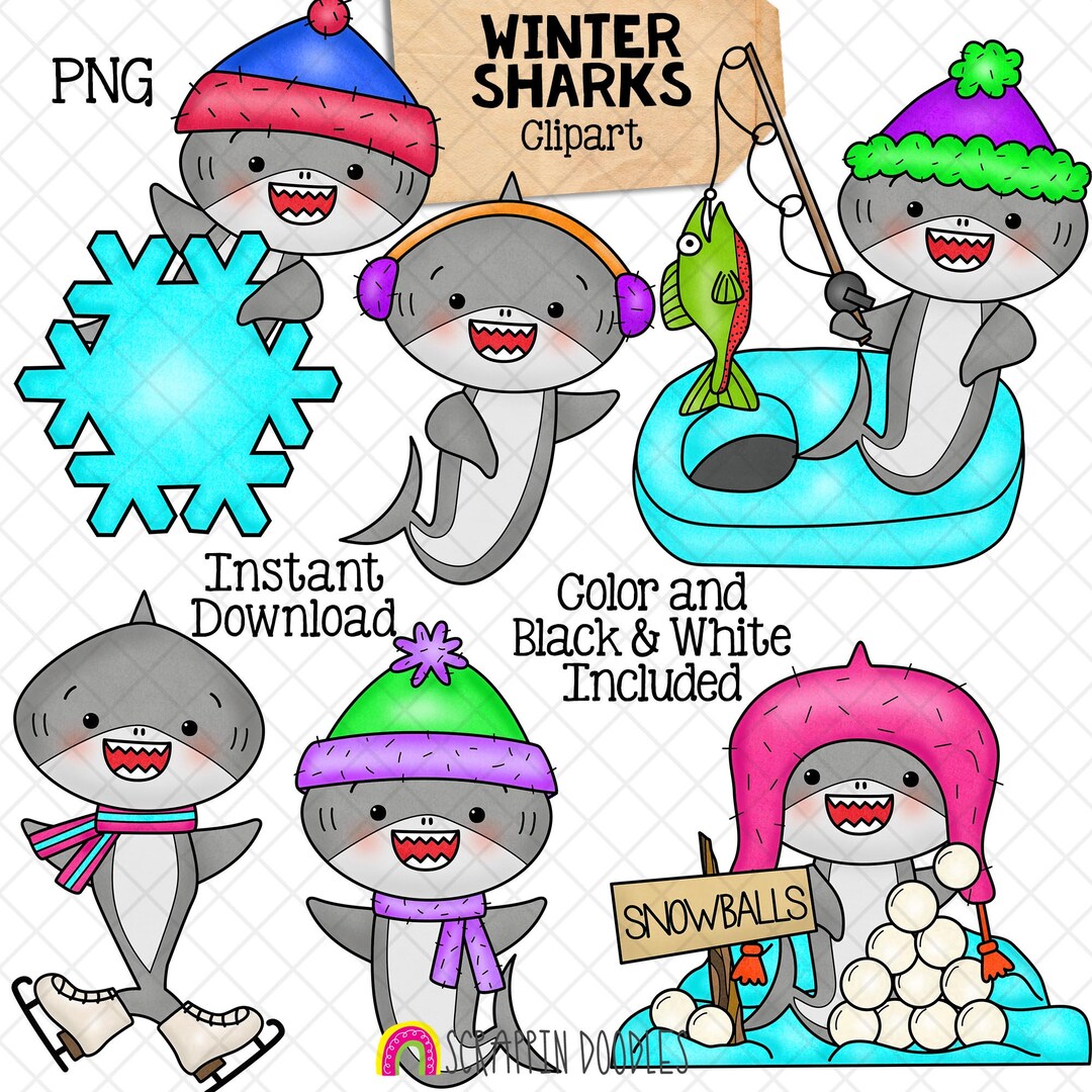 Winter Sharks Clip Art - Grey Shark Clipart - Baby Shark - Commercial ...