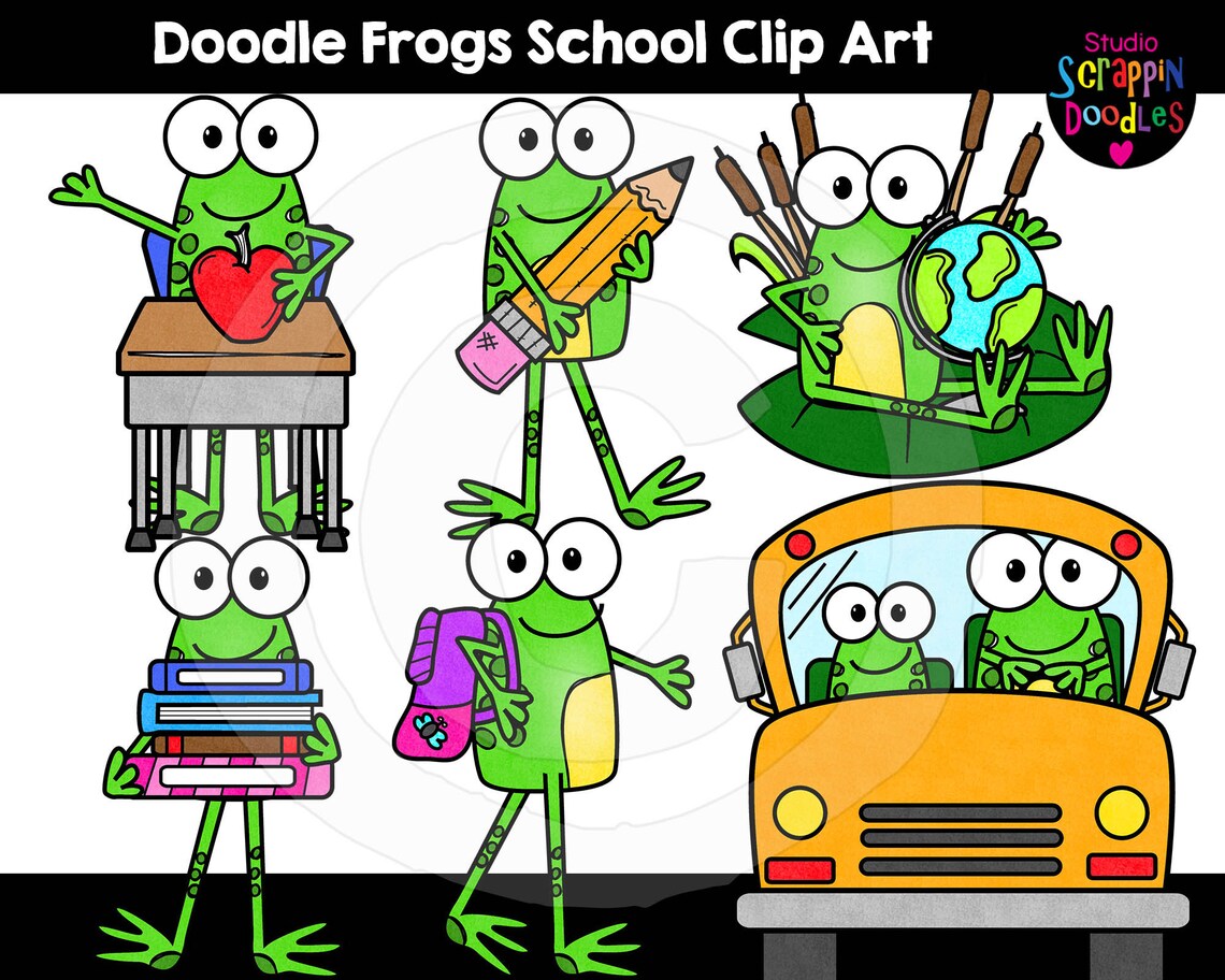 Doodle Frogs School Days Clip Art - Cute Commercial Use Frog Graphics ...