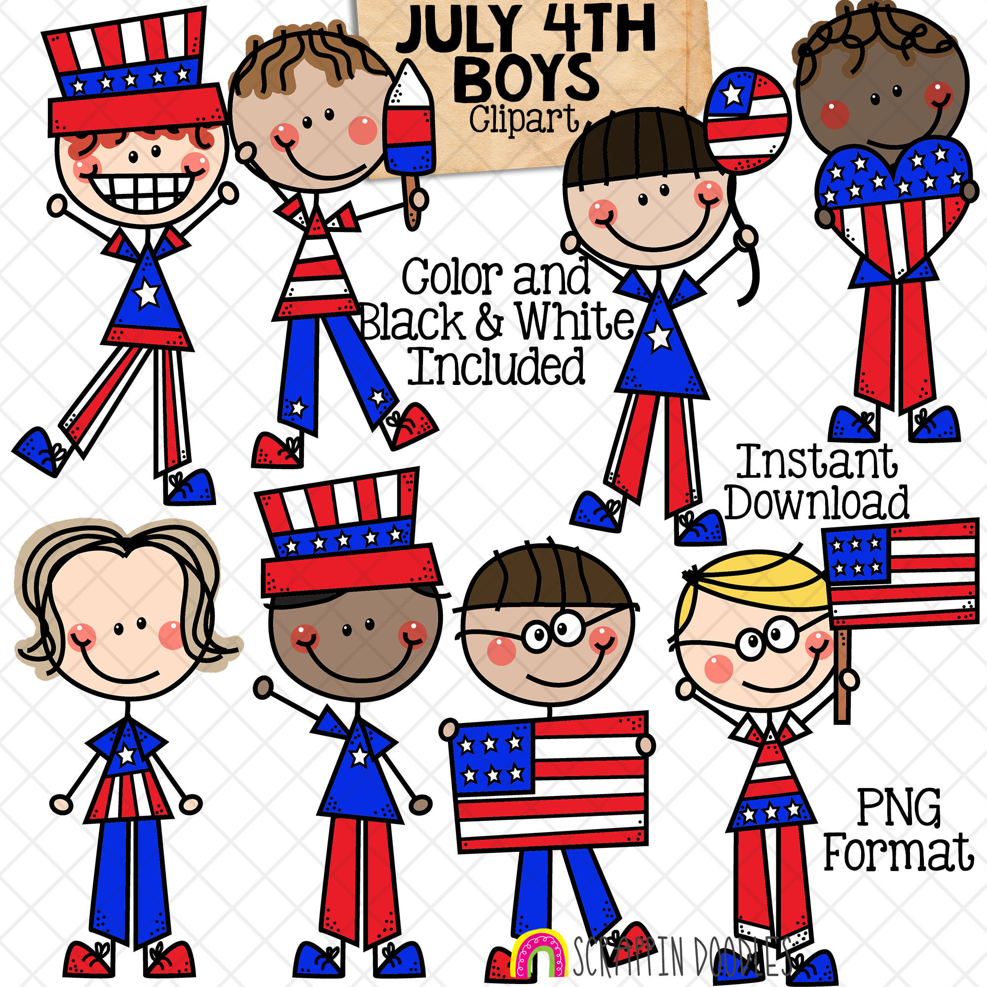 July 4th Clipart - Independence Day Doodle Boys - USA Graphics - Forth ...