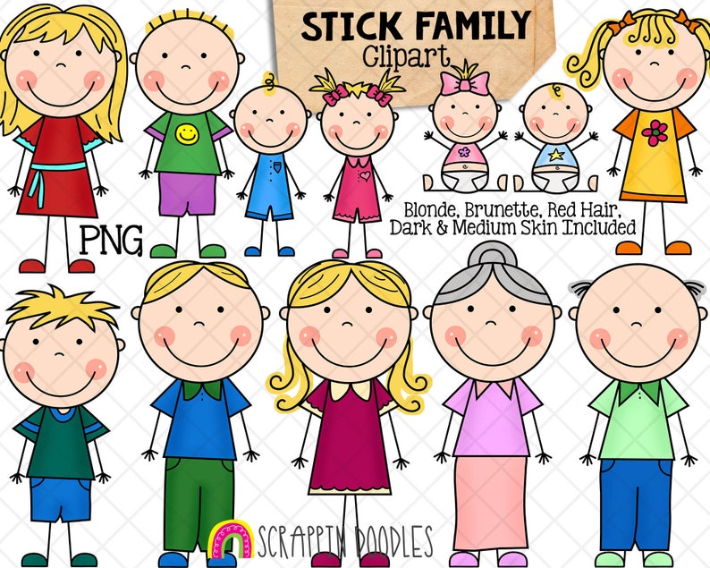 Stick Family Clip Art - Various Hair Colors - Stick Figures - Stick ...