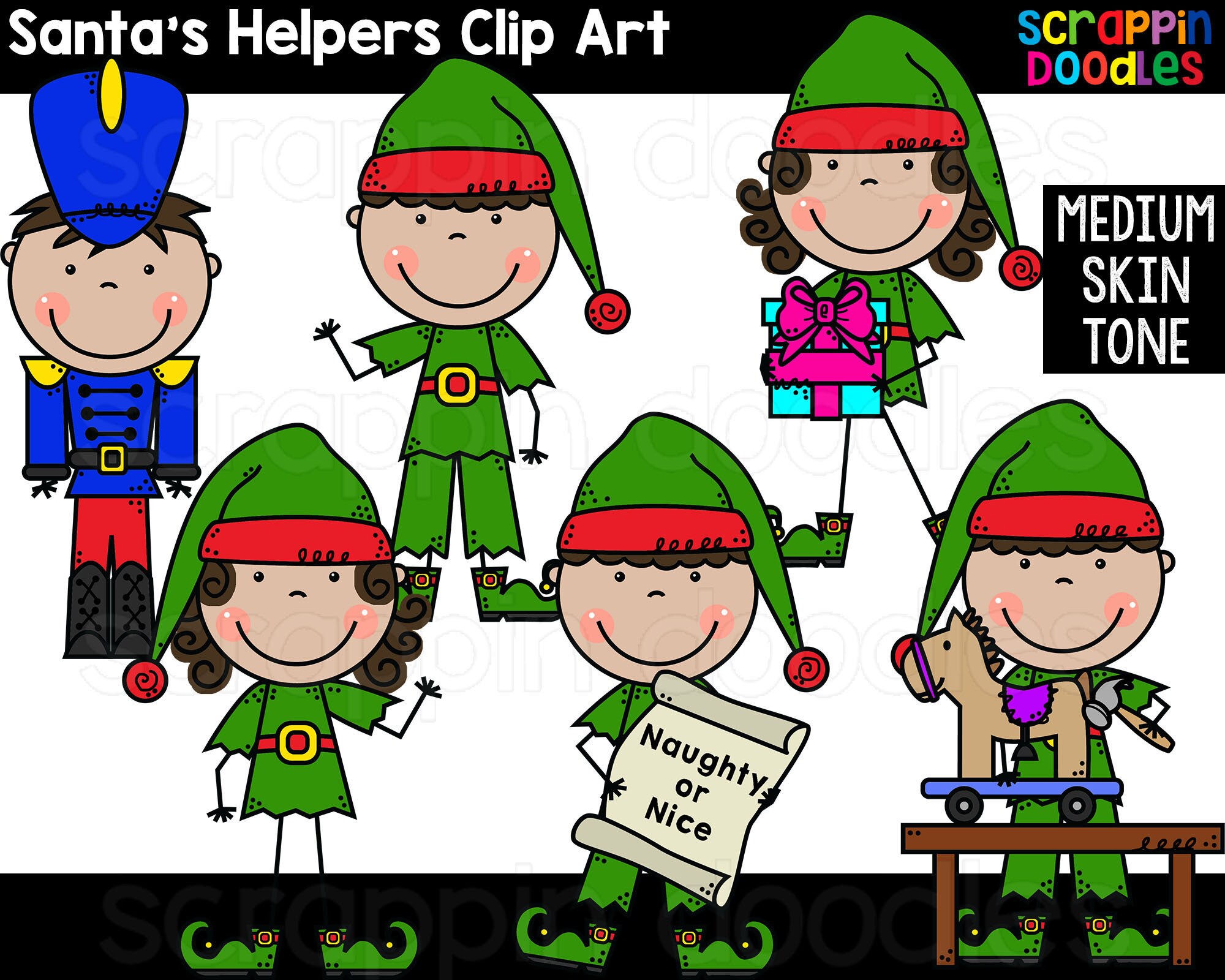 Santa’s Helpers Clip Art - Various Hair & Skin Tones - Cute Christmas ...