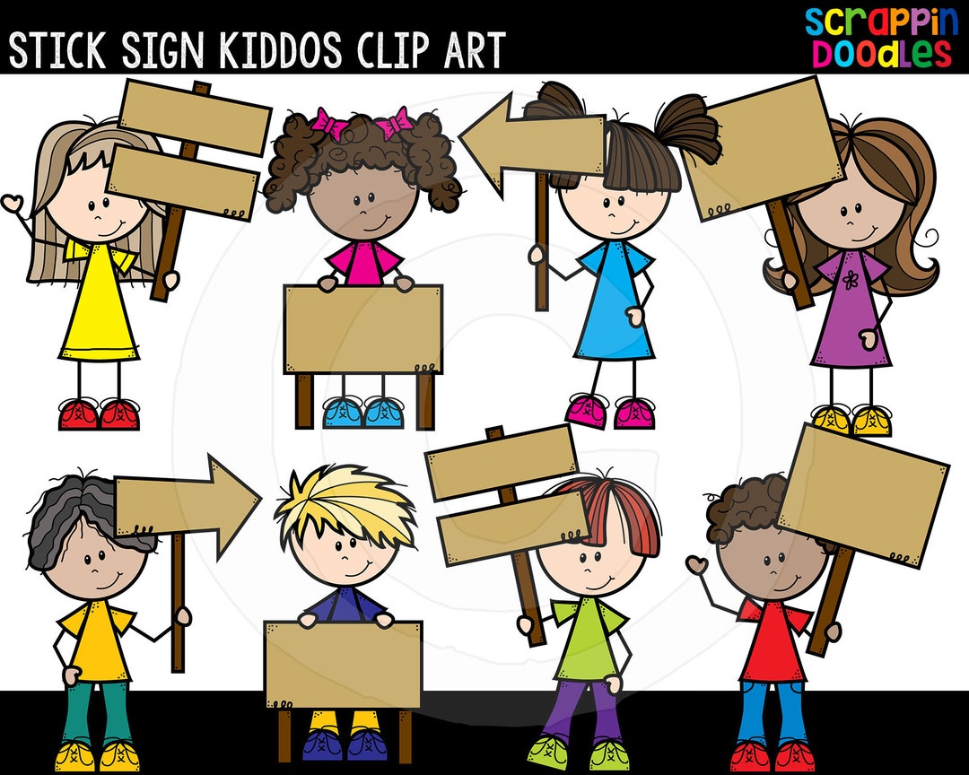 Stick Sign Kiddos Clip Art - Cute Commercial Use Kids Holding Signs on ...