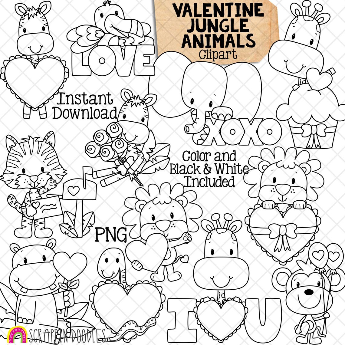 Valentine Jungle Animals Clip Art Lion Giraffe Zebra Elephant Hippo ...