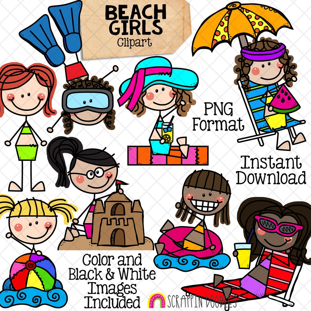 Beach Clipart Doodle Girls at the Beach Kids Snorkeling Sun Bathing ...