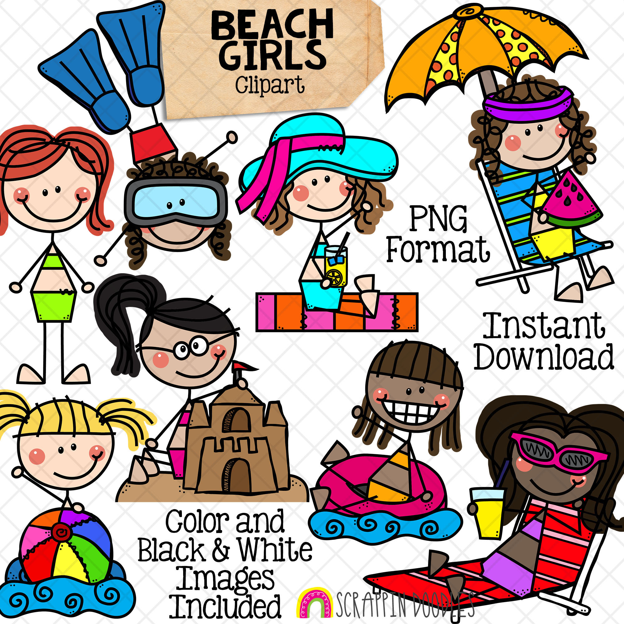 Beach Clipart Doodle Girls at the Beach Kids Snorkeling Sun Bathing ...