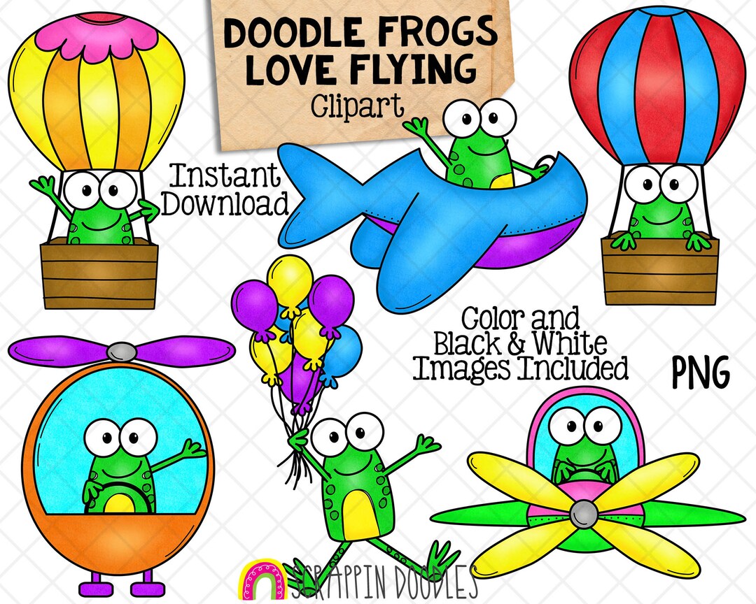 Frogs Love Flying Clipart - Doodle Frogs Hot Air Balloons - Air Planes ...