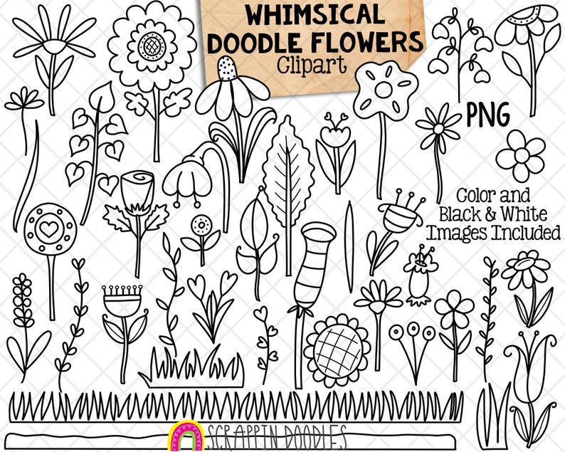 Whimsical Doodle Flowers Clipart - Spring Summer Flower Scene Creator ...