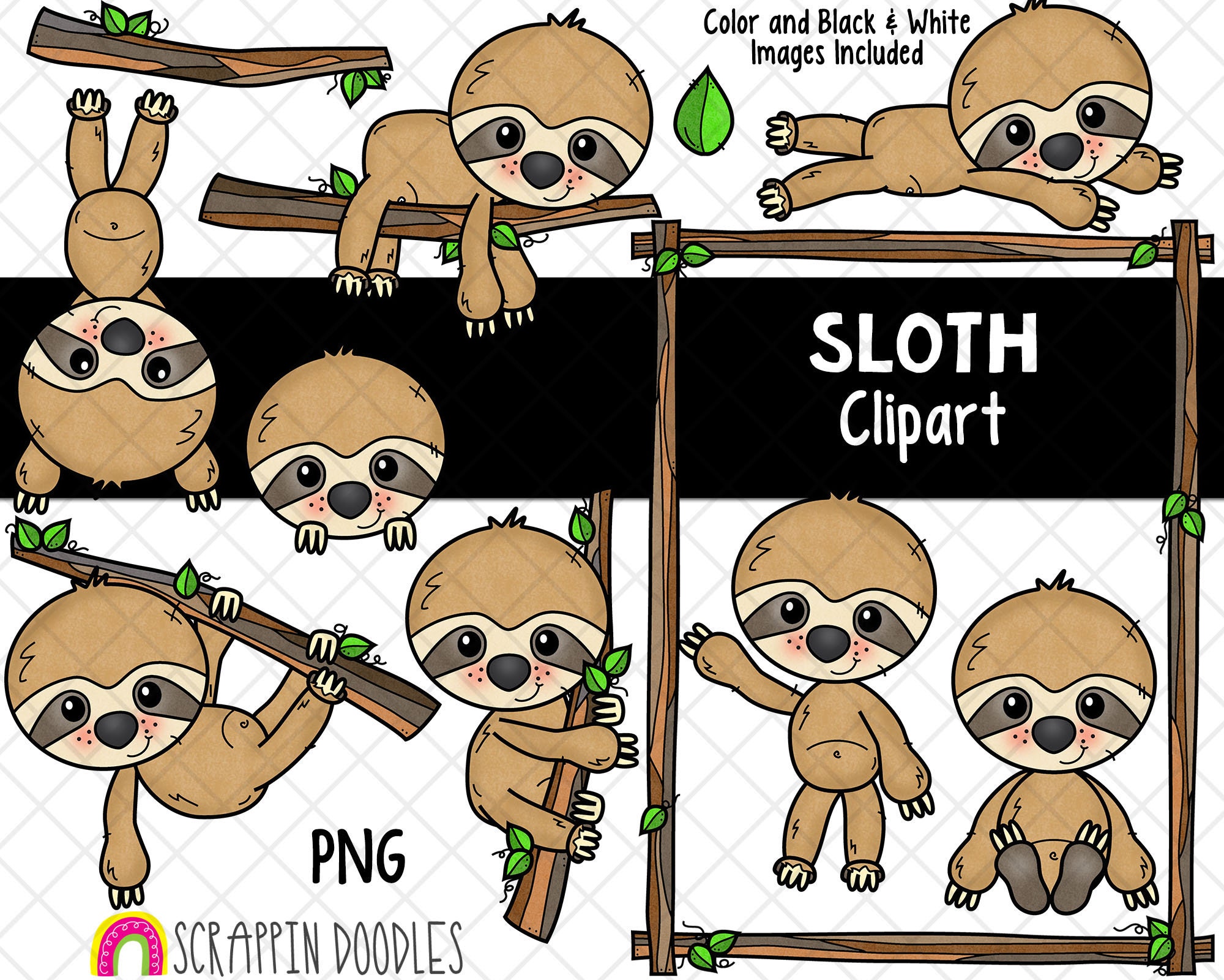 Sloth Clipart Cute Sloth Clipart Jungle Animal Sloth in Tree Hand Drawn ...