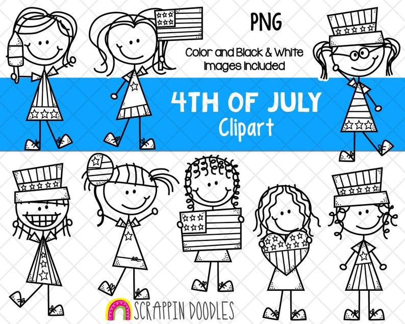 4th of July Clipart Forth of July Doodle Girls USA Clipart - Etsy