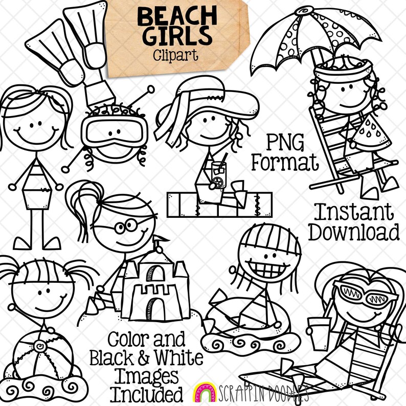 Beach Clipart Doodle Girls at the Beach Kids Snorkeling Sun Bathing ...