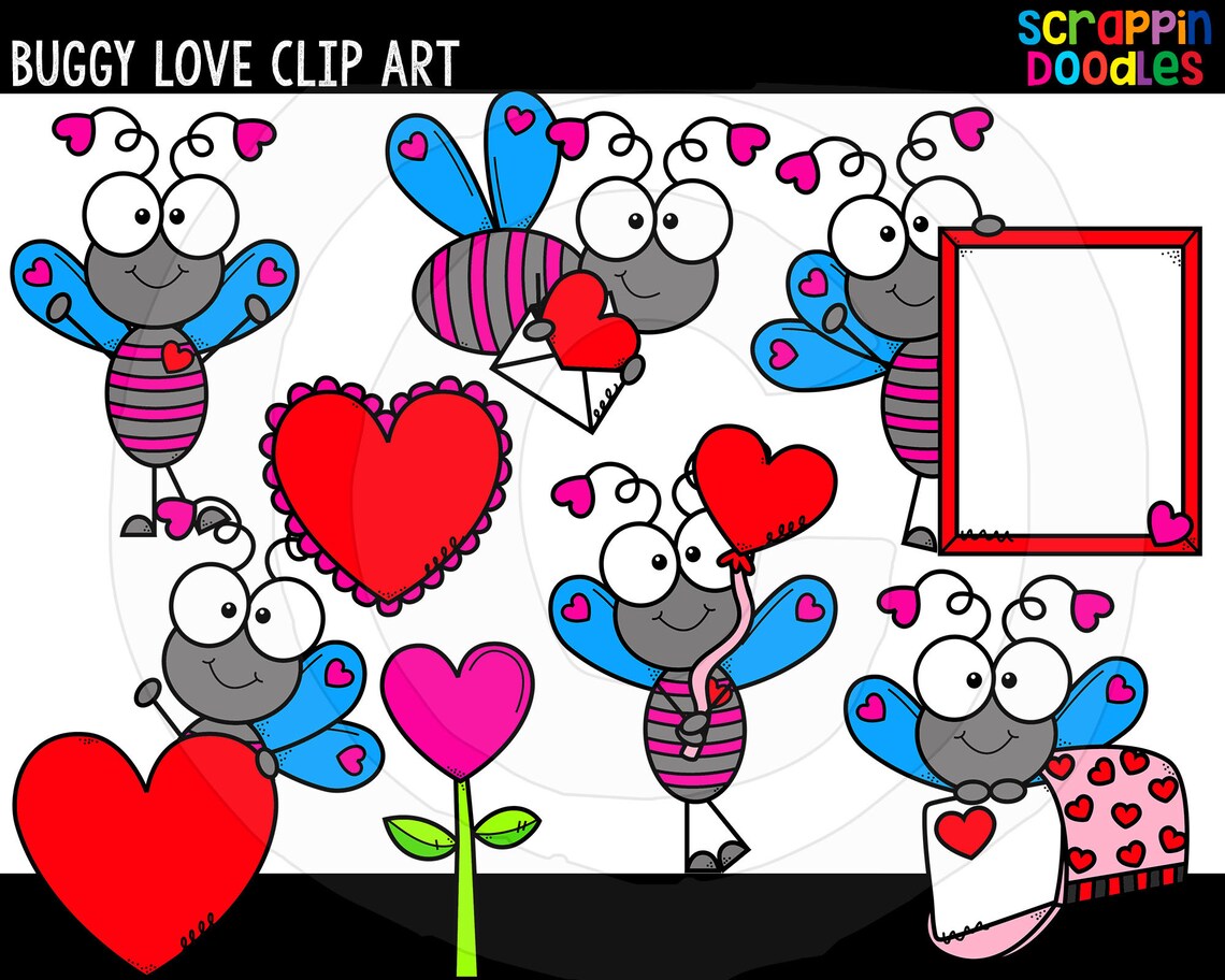Buggy Love Valentine's Day Clip Art - Cute Commercial Use Valentine ...