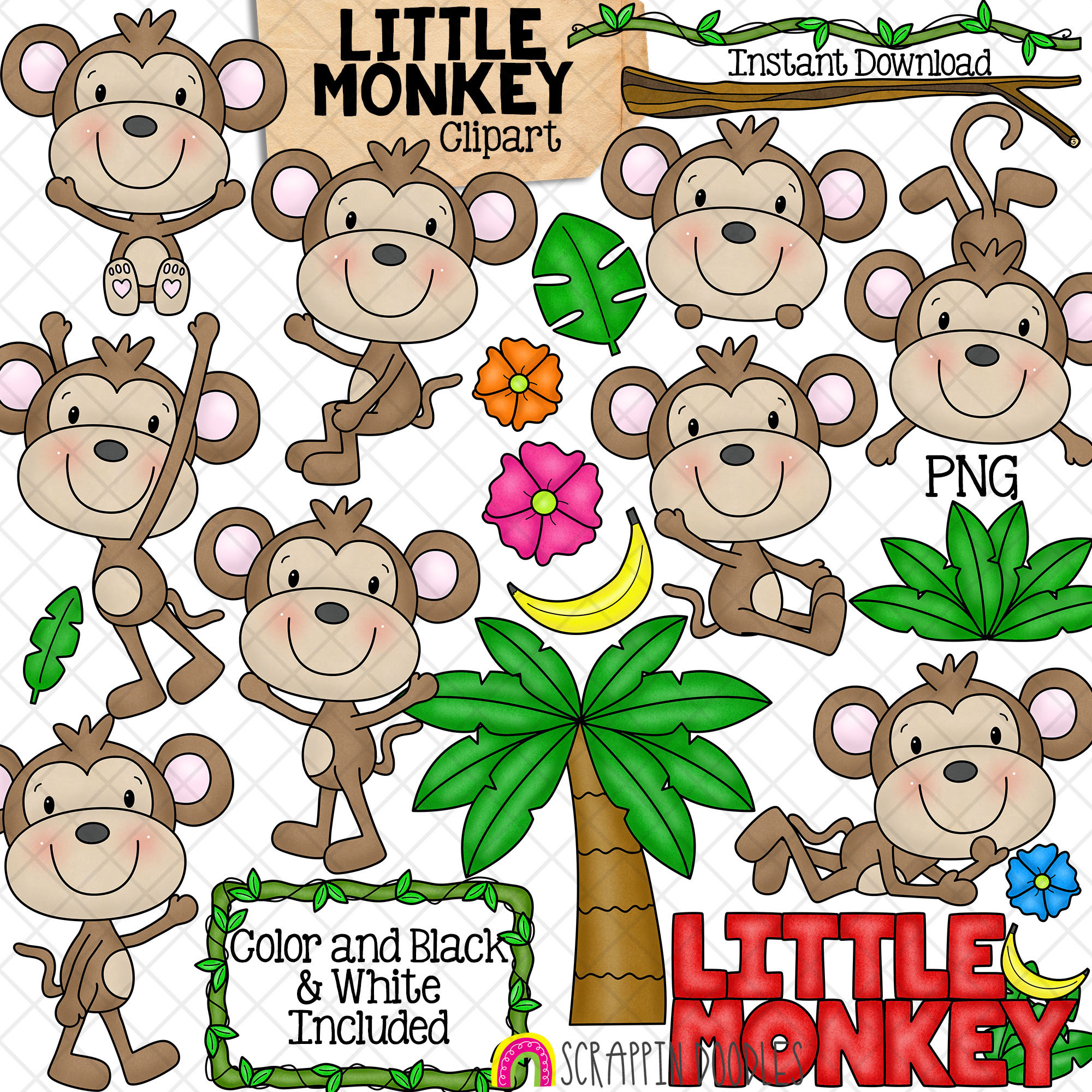 Monkey Clip Art Cute Little Baby Monkeys Jungle Animals Banana Sitting ...