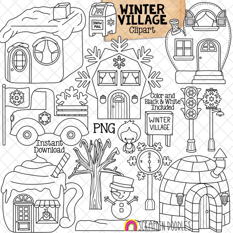 Winter Village Clip Art - Snow Town - Snowflake House - Ice Cube ...