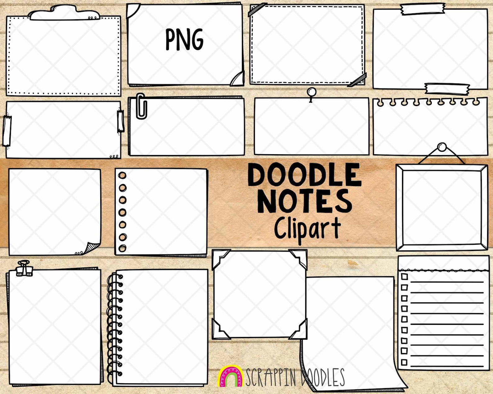 Doodle Notes Clipart - Hand Doodled Sticky Notes - Black & White Note ...