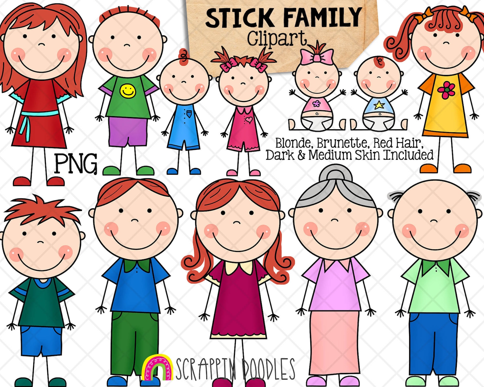 Stick Family Clip Art - Various Hair Colors - Stick Figures - Stick ...