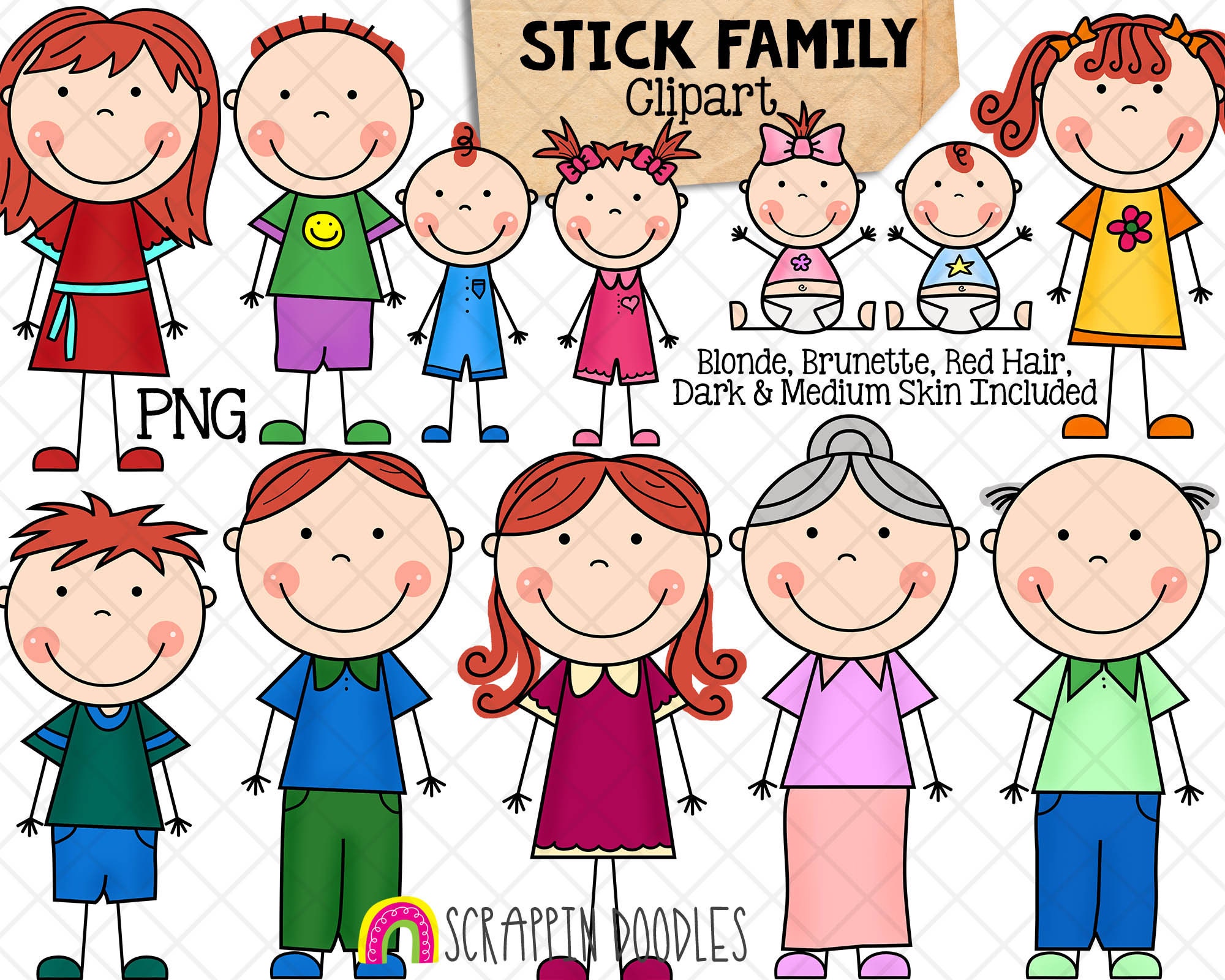 Stick Family Clip Art Various Hair Colors Stick Figures Stick People ...