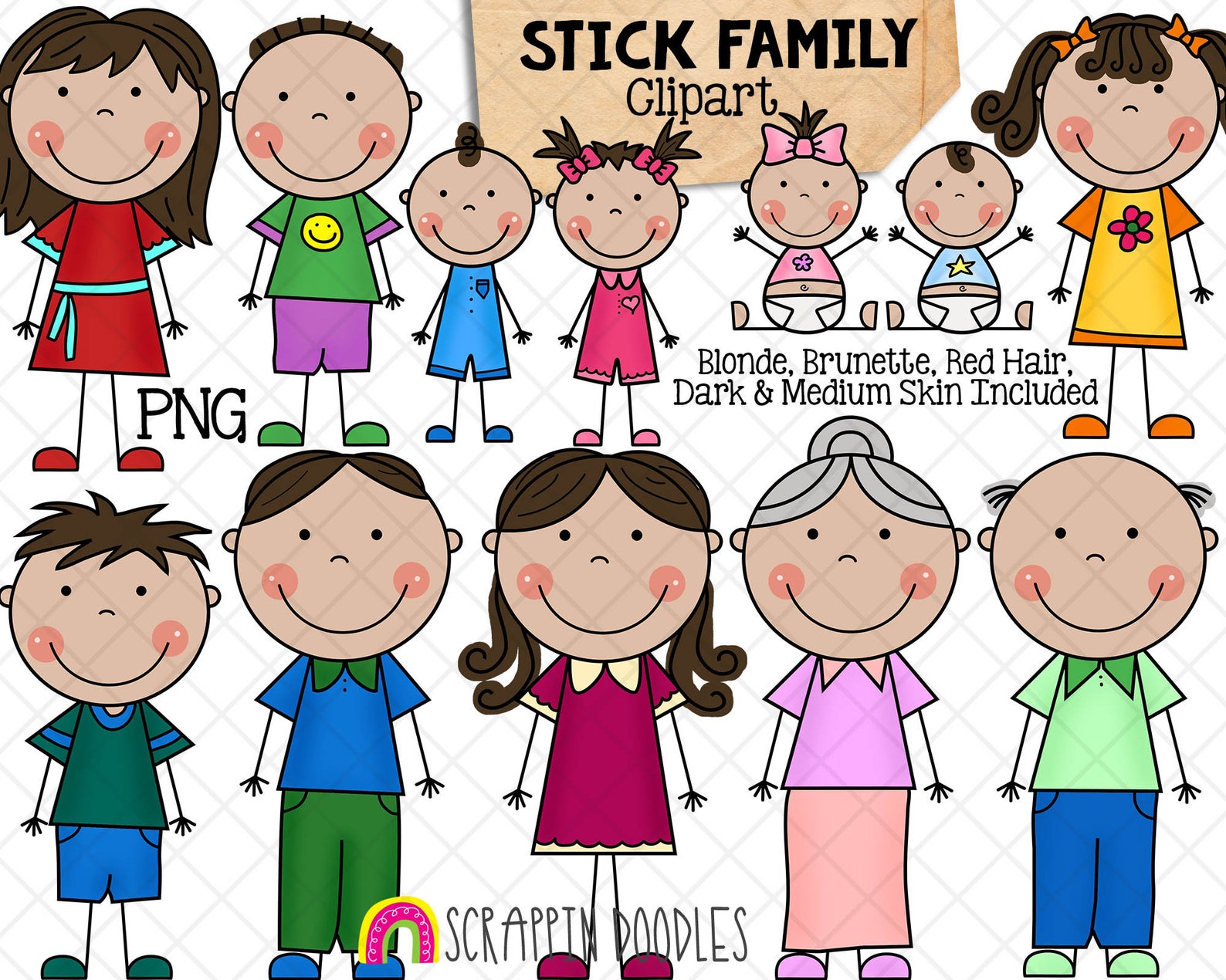 Stick Family Clip Art Various Hair Colors Stick Figures Stick People ...