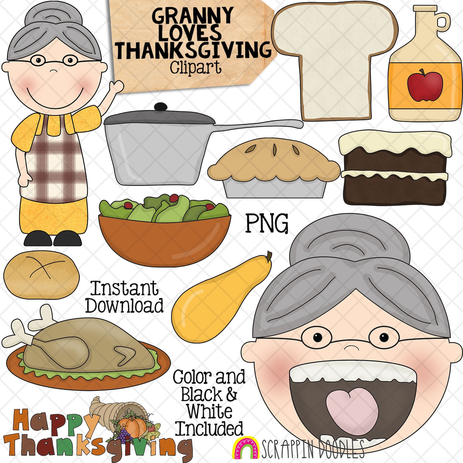 Old Lady Swallowed A Pie Clip Art Granny Loves Thanksgiving Graphics ...