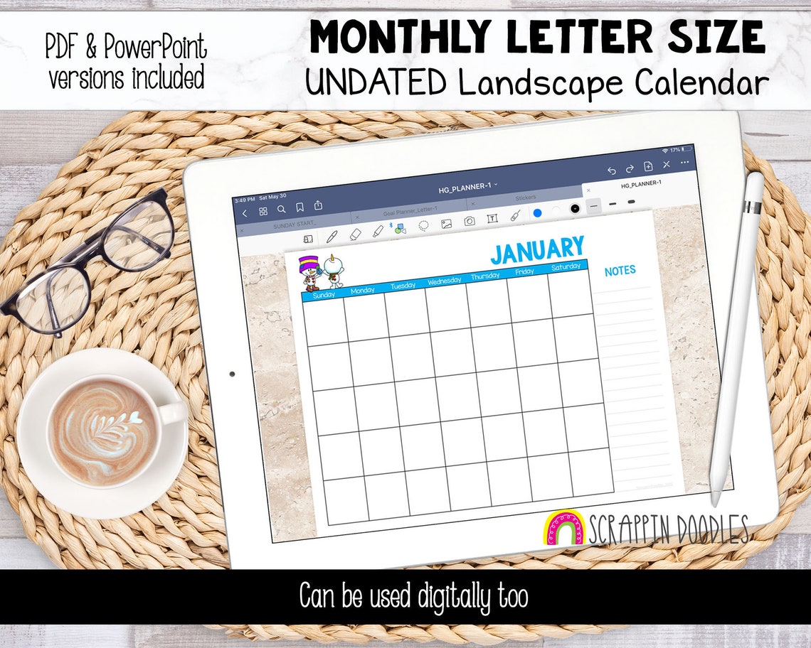 UNDATED Landscape Calendar Printable and Digital Monthly - Etsy