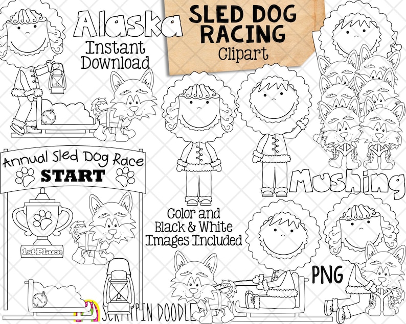 Sled Dog Racing Clipart - Alaska Iditarod Race Graphics - Trail Mushers ...