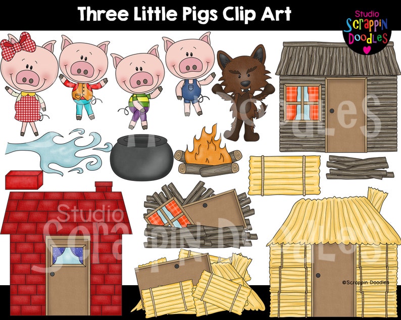 Three Little Pigs Clipart - Nursery Rhyme - Fairy Tale Graphics - Big ...