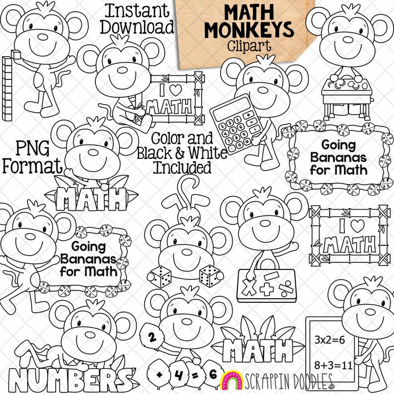 Monkey Clip Art - Monkeys Doing Math - Jungle Animals - School ...