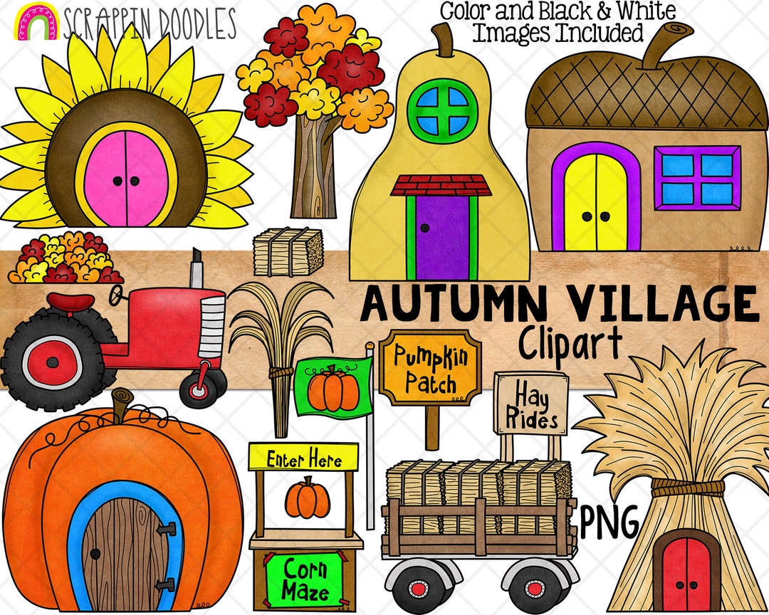 Autumn Village Clip Art - Fall Farm Town - Pumpkin House - Red Tractor ...