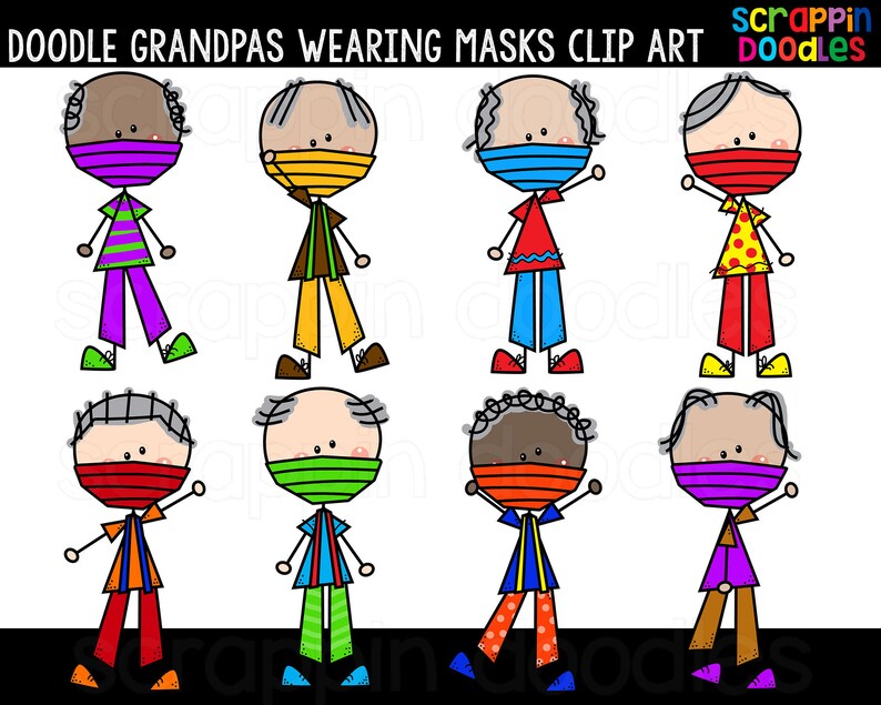 Doodle Grandpas Wearing Masks Clip Art - Cute Commercial Use Grandpa ...