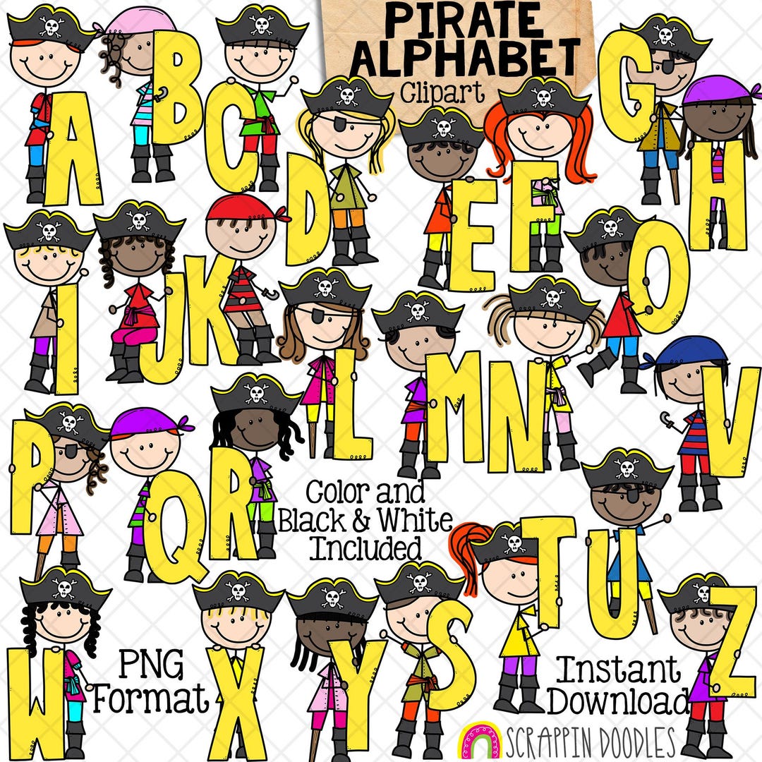 Pirate Alphabet Clip Art - Holding Letters - Upper Case Gold Letter ...