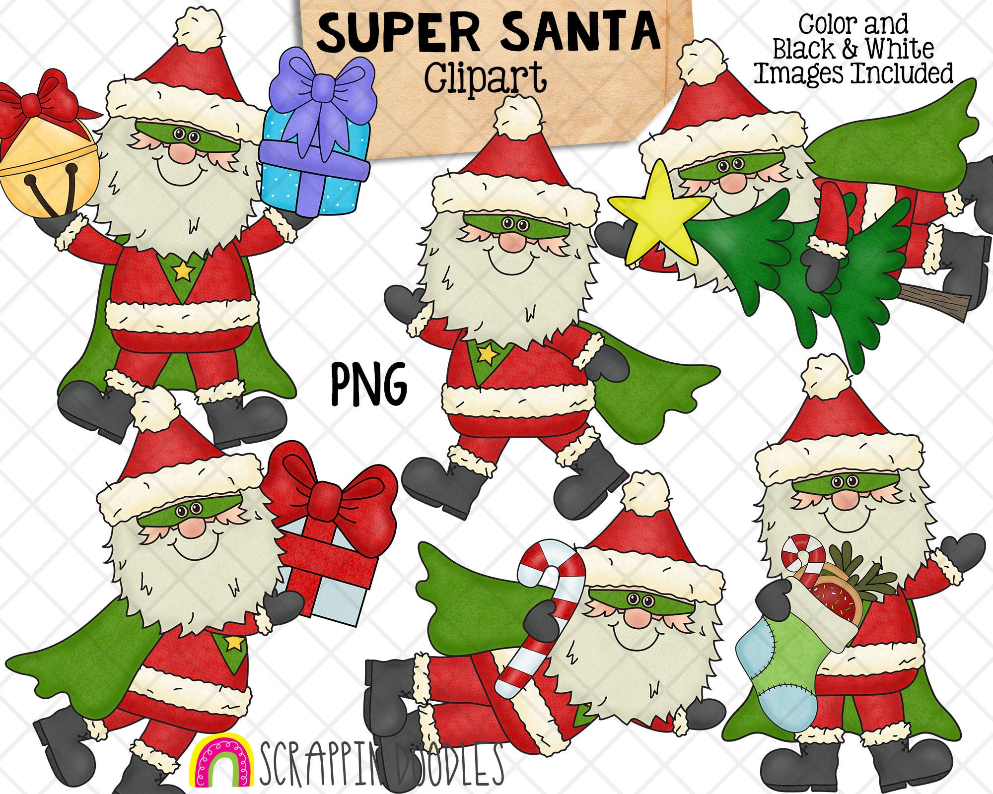 Super Santa Claus Clipart - Christmas Super Hero Clip Art - Hand Drawn ...