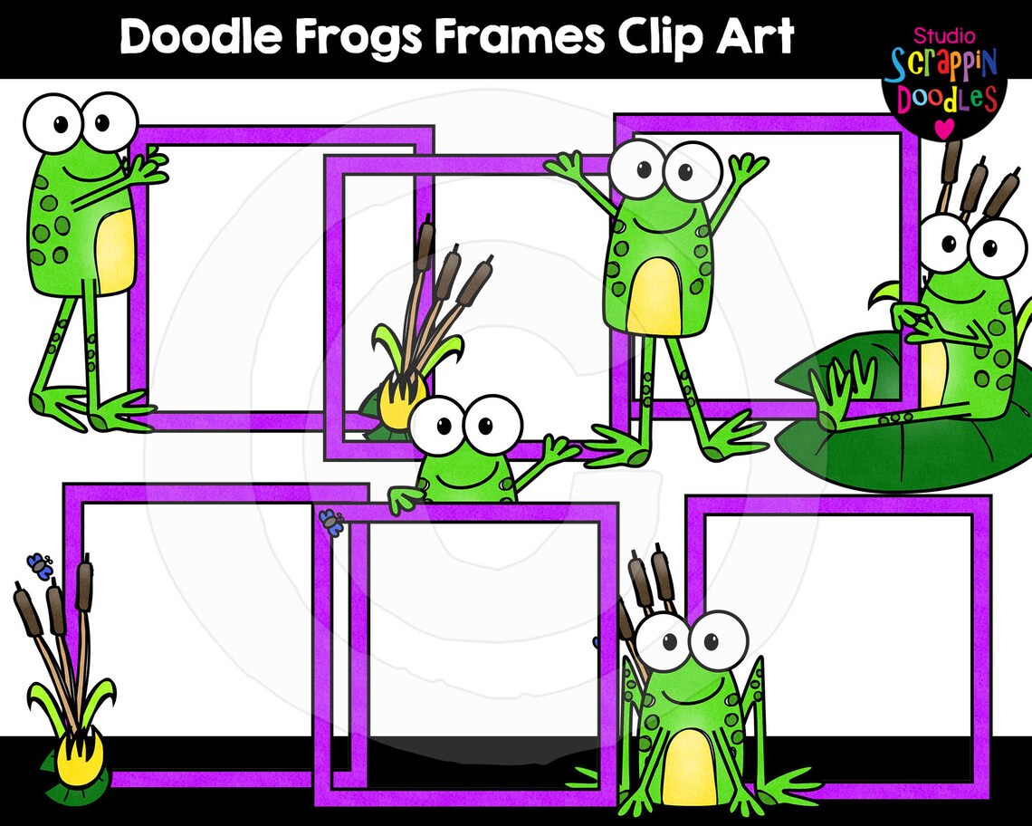 Doodle Frogs Frames Clip Art - Cute Commercial Use Frame Themed Frog ...