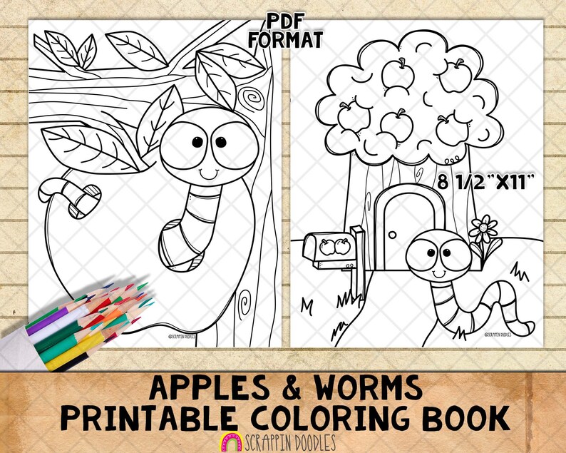 Apples and Worms Coloring Book Kids Coloring Pages Printable PDF - Etsy