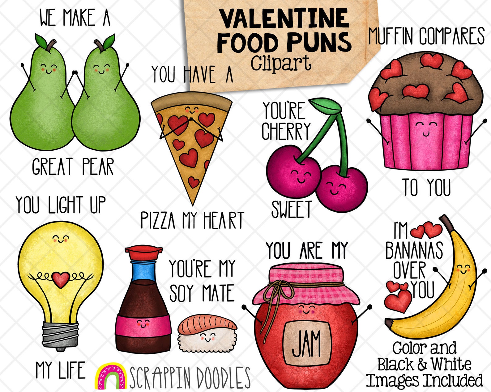 Valentines Day Food Pun Clipart Make Your Own Valentine Cards Cute Food ...