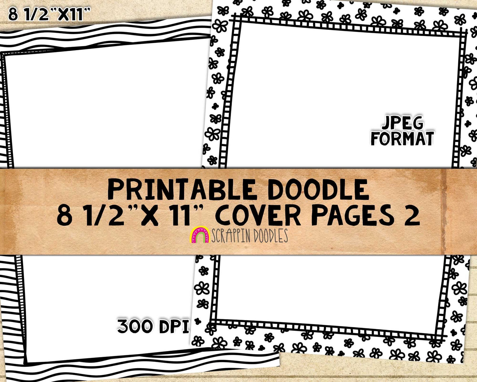 Doodle Cover Pages set 2 Hand Doodled 8 1/2 X 11 Ready to Print Black ...
