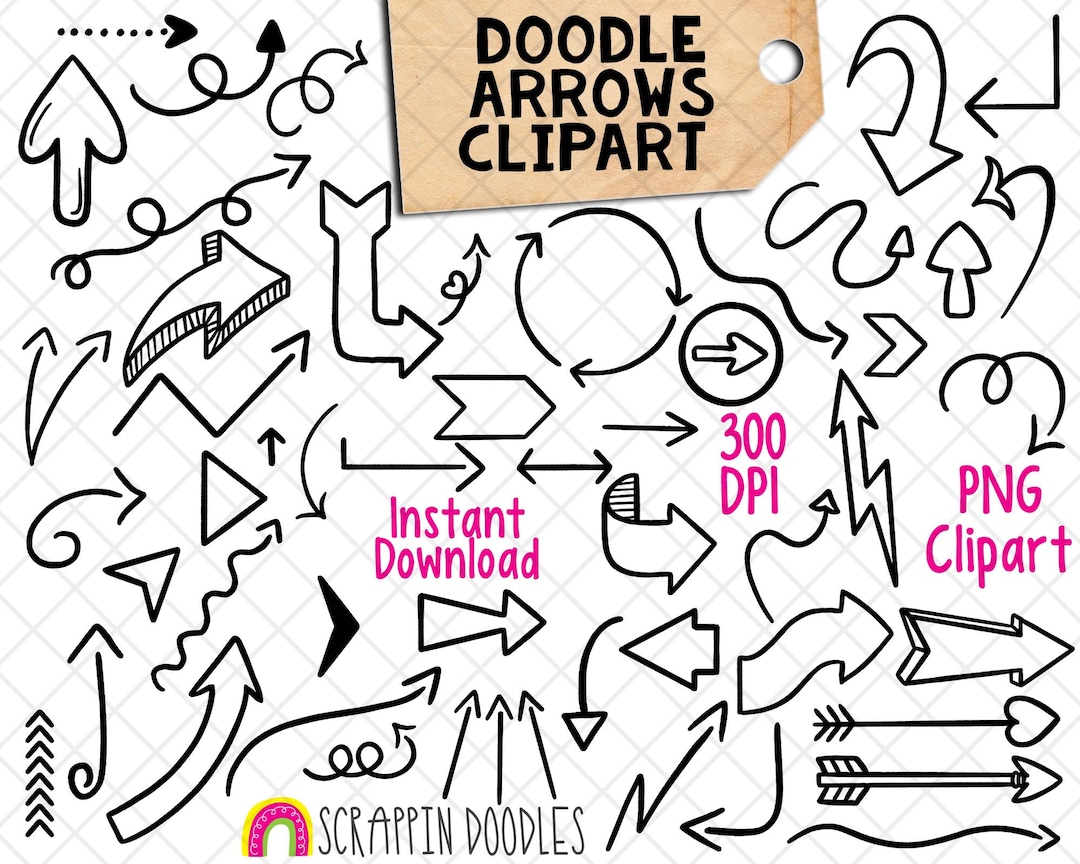 Doodle Arrows Clipart - Hand Drawn Black & White Arrow Graphics ...