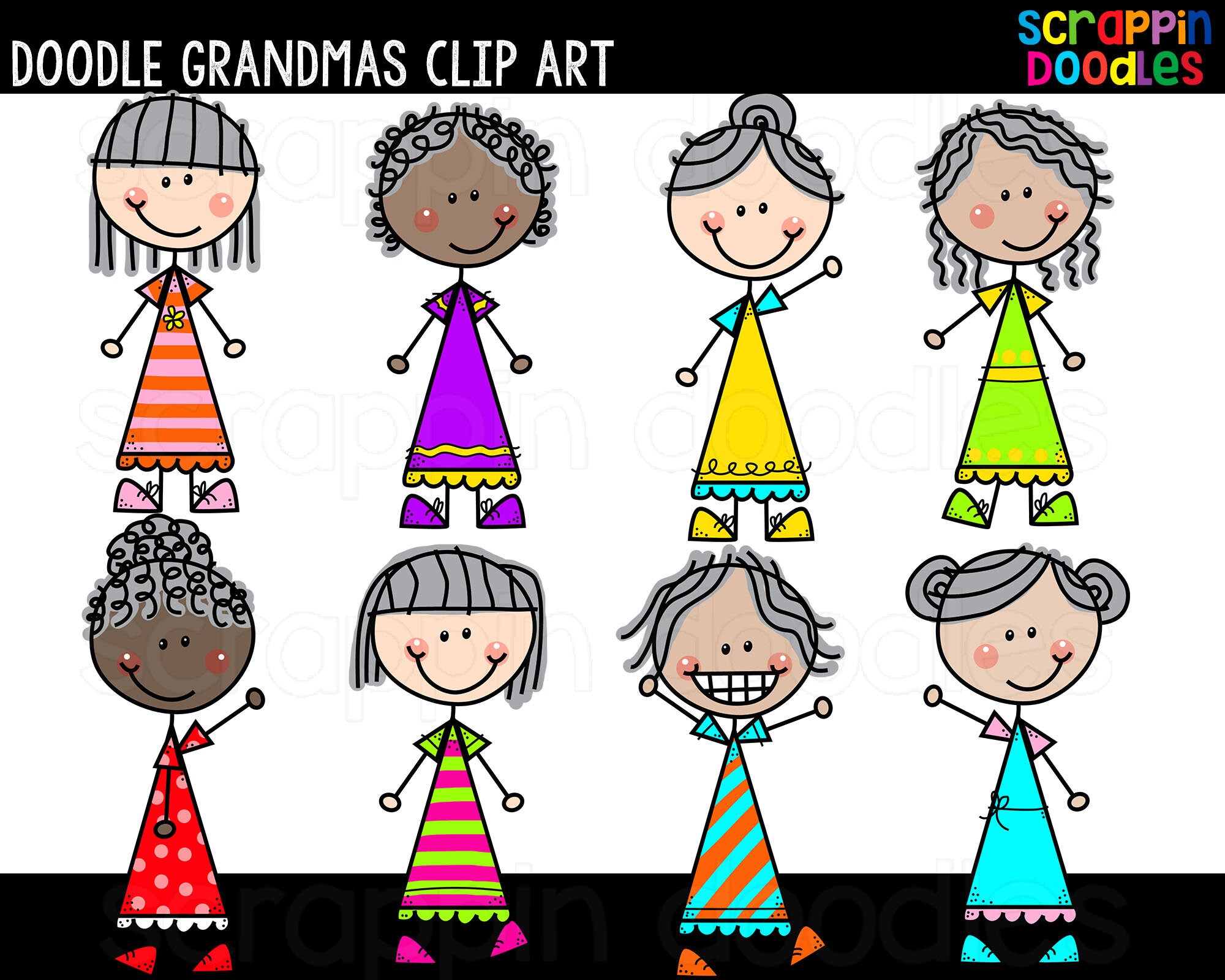 Doodle Grandmas Clip Art - Cute Commercial Use Grandma Clipart, Stick ...