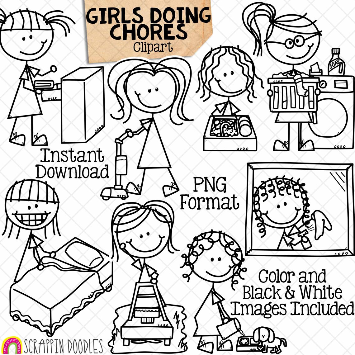Household Chores Clipart Doodle Girls Clip Art Kids Doing Chores ...