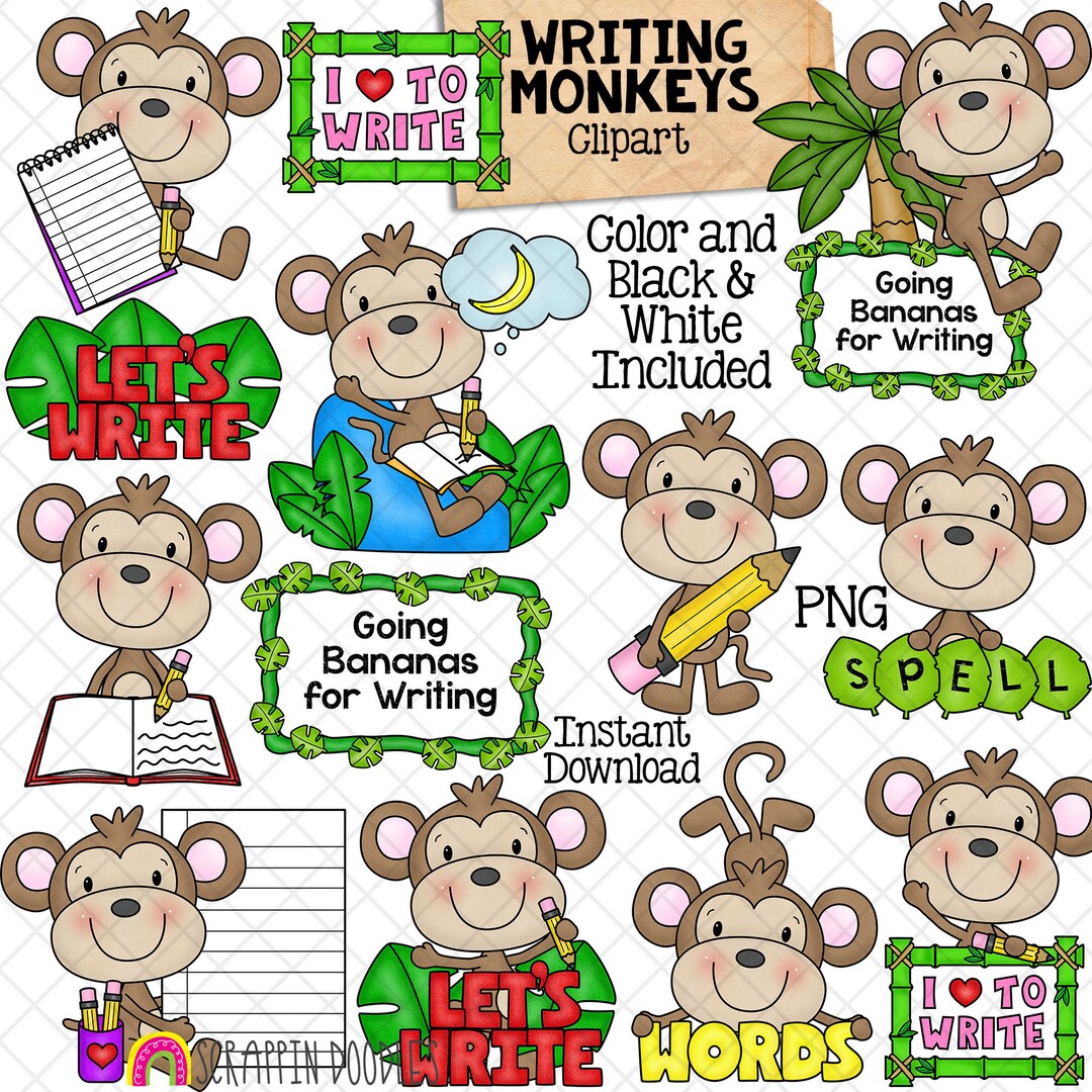 Monkey Clip Art - Monkeys Writing and Spelling - Jungle Animals ...